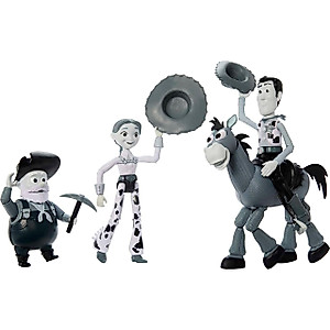 Mattel Disney and Pixar Toy Story Set of 4 Action Figures with Mon0chromatic Woody, Jessie, Bullseye & Stinky Pete, Woody's Roundup, 7-in Scale