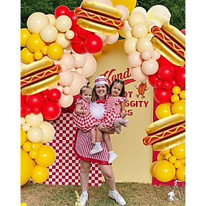 Woaipati Cute Hot Dog Balloon Garland Arch Kit，151PCS Red and Yellow Balloons, Creative Theme for Baby Shower Gender Reveal Boy Girl Birthday Cookout Fast Food Snacks Themed Party Decorations