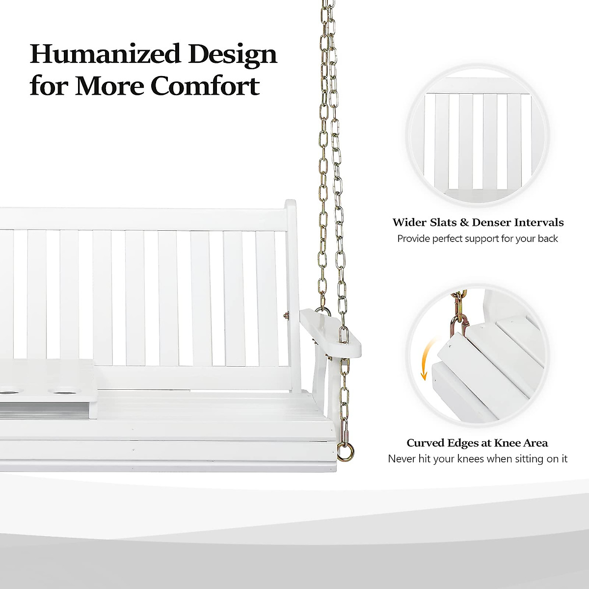 VINGLI Heavy Duty 880 LBS Wooden Patio Porch Swing with Cup Holder, Outdoor Swing Chair Bench with Adjustable Chains for Porch, Yard, Balcony, Tree (5FT, White)