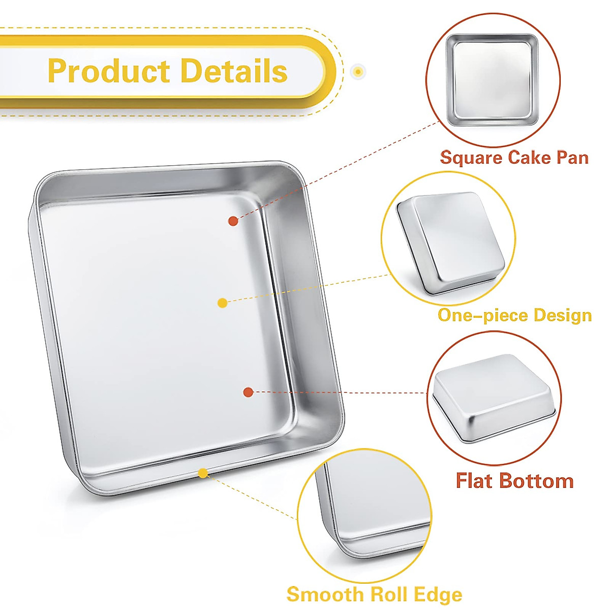 TeamFar 8 Inch Square Baking Pan, Square Cake Brownie Pan Stainless Steel for Wedding Christmas Party, Healthy & Non Toxic, Sturdy & Brushed Surface, Dishwasher Safe