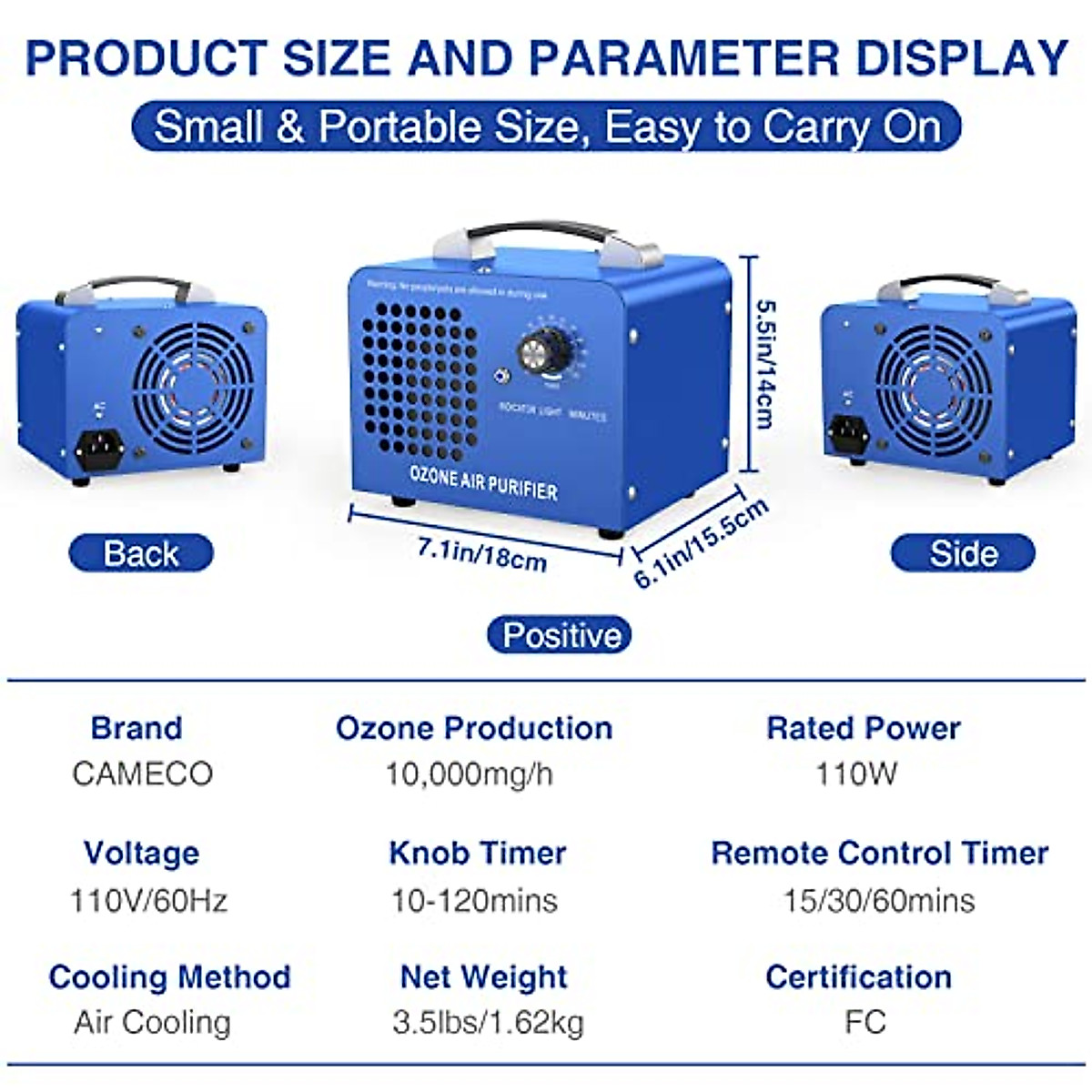 CAMECO Ozone Generator 10,000mg/h, Remote Control Portable O3 Ozone Machine, Commercial Small Ionizer for Home, Office, Basement, Garage, Cars, Pets, Smoke