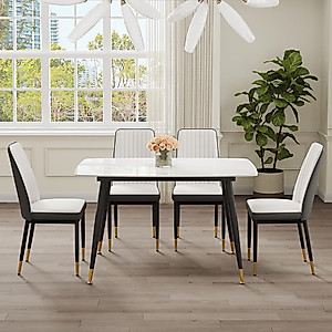 WEKEOT 50" White Modern Sintered Stone Dining Table Set for 4 Faux Marble Dining Table with 4 Upholstered PU Leather Chair Dining Room Table Set(1White Table+4White and Gray Chairs)