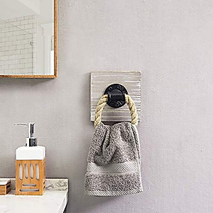 MyGift Wall Mounted Natural Rope Hand Towel Ring Holder for Bathroom with 5 x 5 Inch Vintage Brown Washed Solid Wood Backing and Industrial Pipe Accent