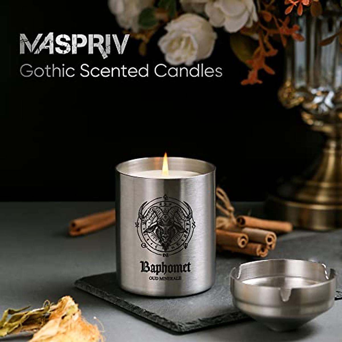 MASPRIV Gothic Scented Candle for Men - Rich Manly Scents, 50+ Hours Burn Time, Stainless Steel Tin with Popular Designs. Ideal Gift for Him(Oud Minerale)