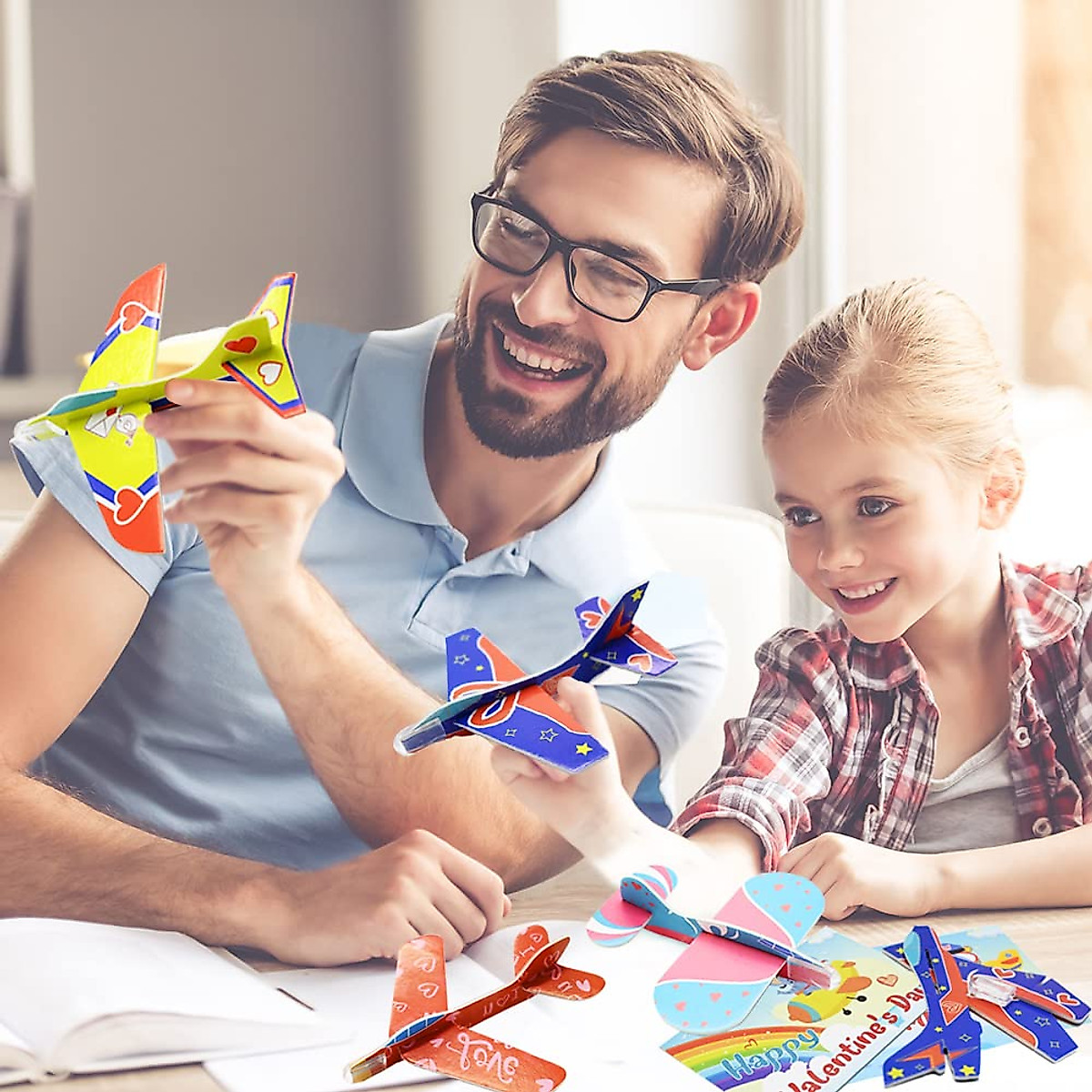 WODMAZ 28 Pack Valentines Day Cards for Kids, 7 Different Designs Foam Airplanes with Valentines Gift Cards for Boys Girl School Classroom Exchange Prize, Fun Planes Valentines Party Favors Toys