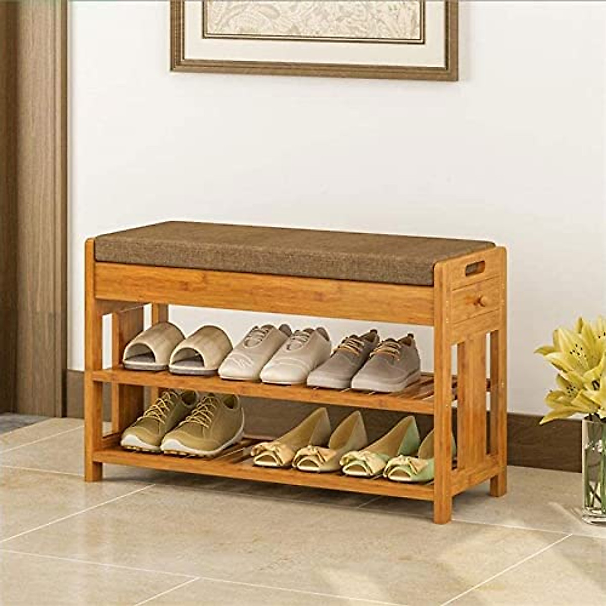 llibnn 2-Tier Bamboo Shoe Bench Holder with Seat Cushion Heavy Duty Shoe Storage Organizer with Drawer for Closet Entryway Hallway (Size : 70cm) (Size : 70cm)