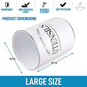 Zulay Large Utensil Crock Storage Organizer - Kitchen Utensil Holder For Countertop With Padded Base - Large Utensil Holder With Rustic Farmhouse Design For Home & Kitchen Decor (White)