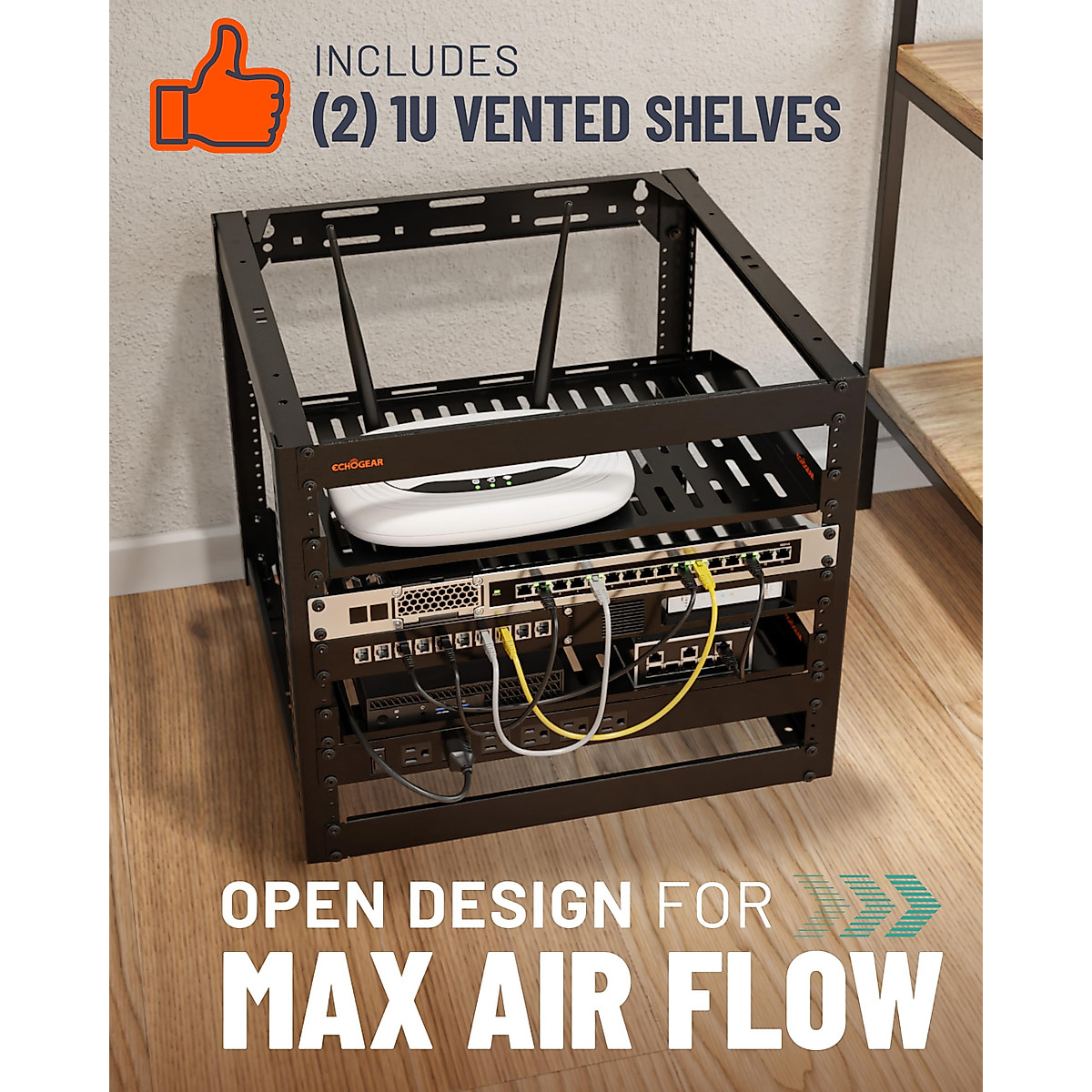 ECHOGEAR 10U Network Rack - Wall Mountable Heavy Duty 4 Post Design Holds All Your Networking & AV Gear - Open Frame Design Includes 2 1U Vented Shelves & Mounting Hardware