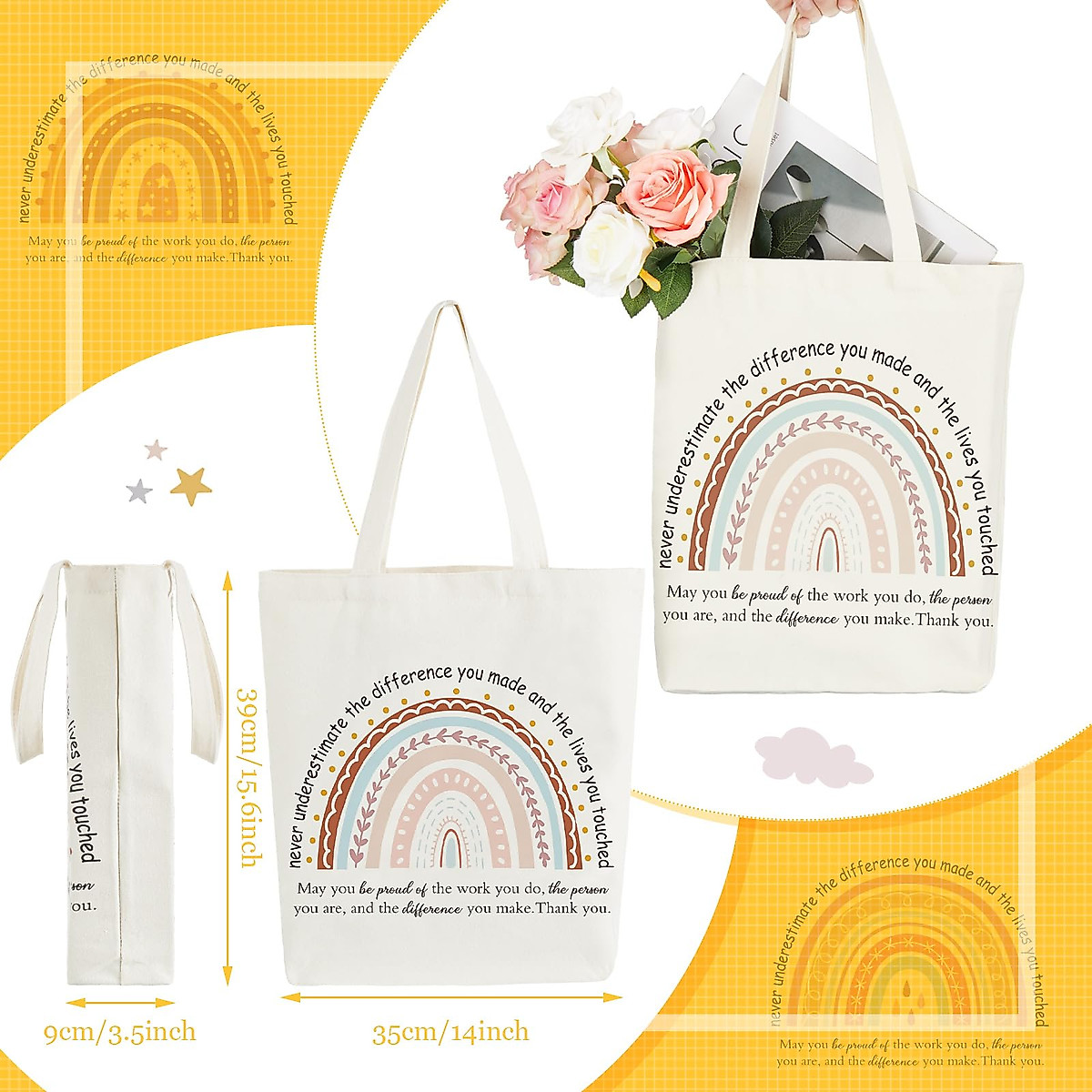 Pinkunn Thank You Gifts Canvas Tote Bag for Coworker Inspirational Appreciation Motivational Quotes for Women Employee Teacher (Rainbow Style,12 Pcs)