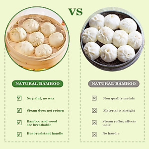 BELLPO Bamboo Steamer 8 inch 2 Tier Wooden Basket with Side Handle, Dumpling Steamer Cooking for Vegetables Rice,Fish,Dim Sum,Bao Bun,Reusable Liner&Brush Included