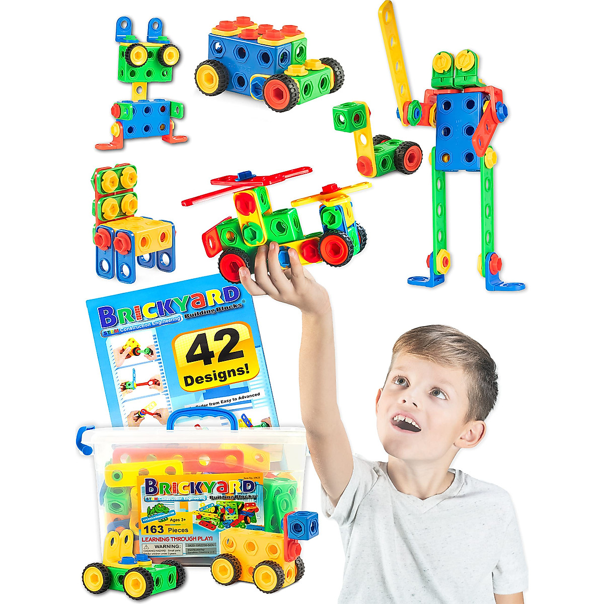 Brickyard Building Blocks STEM Toys - Educational Building Toys for Kids Ages 4-8 with 163 Pieces, Tools, Design Guide and Toy Storage Box, Easter Basket Stuffers Gift for Boys & Girls