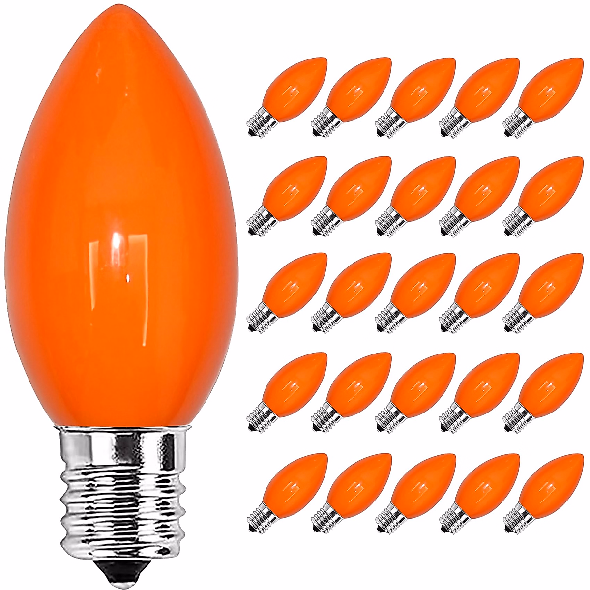 SUNSGNE 25 Pack C9 Orange Outdoor Halloween Night Light Bulbs, C9 Christmas Tree Lights for Indoor Outdoor Patio String Lights, E17/C9 Intermediate Base, 7 Watt, Ceramic Orange