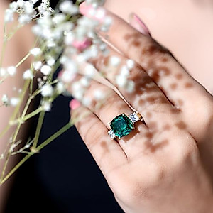 Rosec Jewels Lab Grown Emerald 10mm Cushion Cut Engagement Ring with Moissanite, AAAA Quality, Past Present Future Ring, 14K Yellow Gold, Size:US 7.50