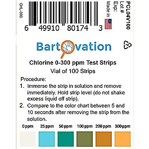 Restaurant Chlorine Sanitizer Plastic Test Strips, 0-300 ppm [Moisture Wicking Vial of 100 Strips]