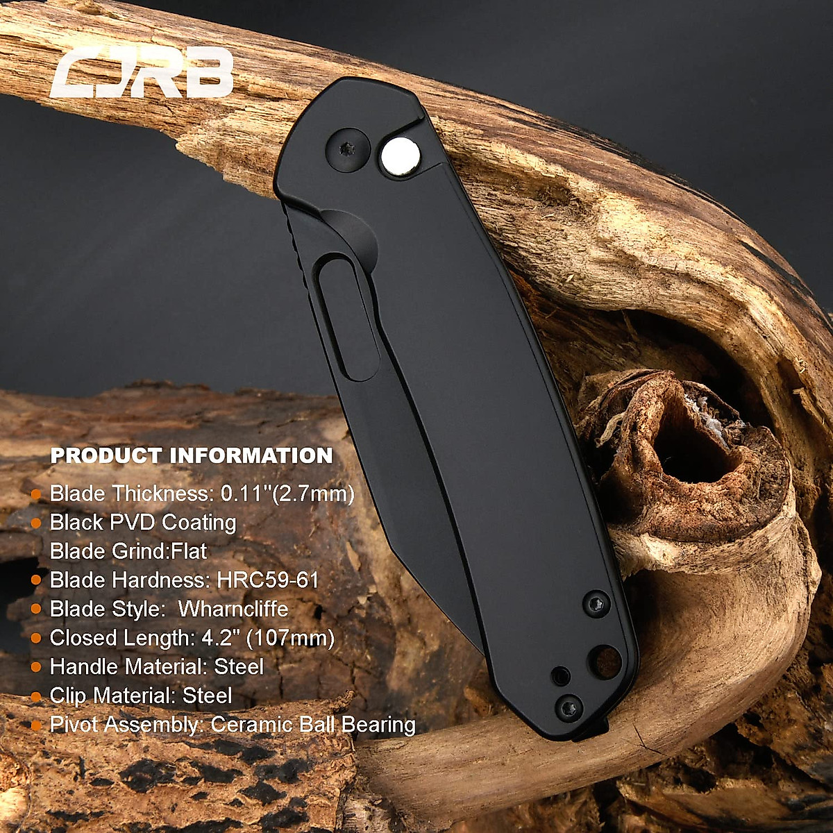CJRB Pyrite-Alt (J1925A) Folding Pocket Knife with 3.11'' Black PVD AR-RPM9 Wharncliffe Blade Black PVD Steel Handle,Button Lock EDC Knife for Tactical,Outdoor,Hiking and Gift
