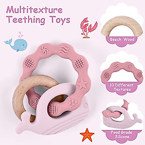 Vicloon Baby Teether Toys, Silicone & Natural Wood Teether Ring, Baby Teething Toys for Babies 0 Months, Silicone Chewable Rings for Newborn Gift（Pink）