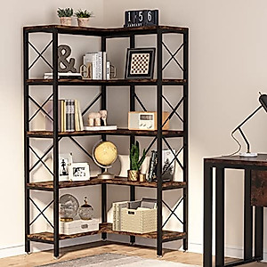Tribesigns 5-Shelf Corner Bookshelf, Large Modern Corner Bookcase, 5-Tier Tall Corner Shelf Storage Display Rack with Metal Frame for Living Room Home Office (Rustic Brown)