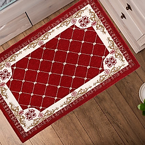 Tyrafry 19.6'' x 31.4'' Classic Traditional Area Rug Kitchen Rug Slip Resistant Durable Floor Mat Soft Plush Machine Washable Microfiber Doormat, Red