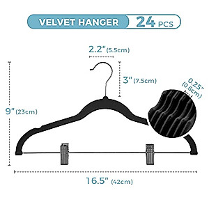 HOUSE DAY Velvet Skirt Hangers 24 Packs Velvet Hangers with Clips Ultra Thin Non Slip Velvet Pants Hangers Space Saving Clothes Hangers for Skirts, Pant, Jeans (Black)