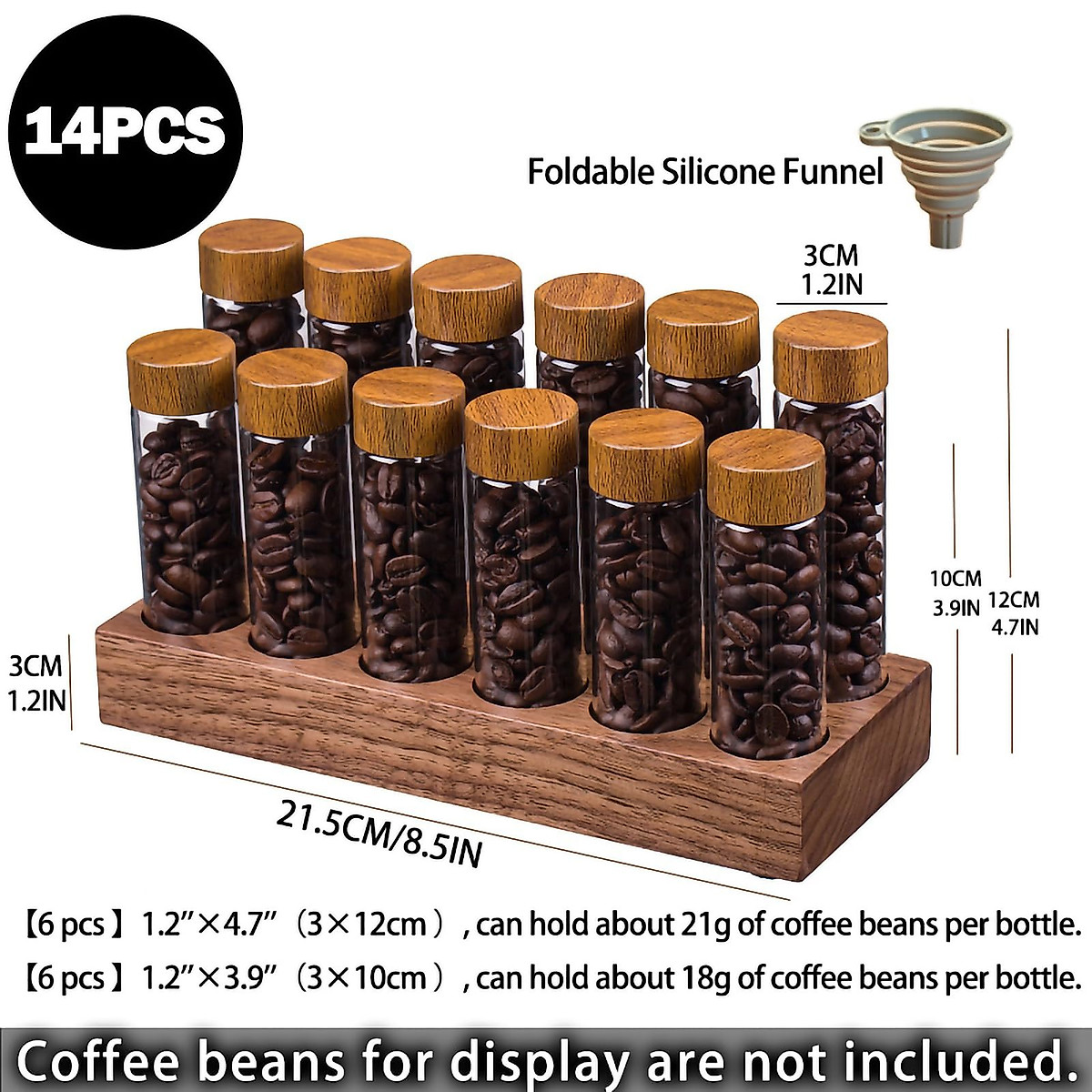 TREELF Coffee Bean Storage,Coffee Storage Container with Walnut Solid Wood Base,Coffee Bean Container,12 Tubes Single Dose with Wooden Holder(Type 2)