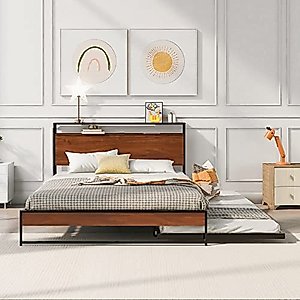 SOFTSEA Queen Size Metal Platform Bed Frame with Trundle, Metal Bed Frame with USB Ports, Queen Trundle Bed with Storage Headboard Metal Panel Bed with Shelf for Bedroom Guestroom, Black