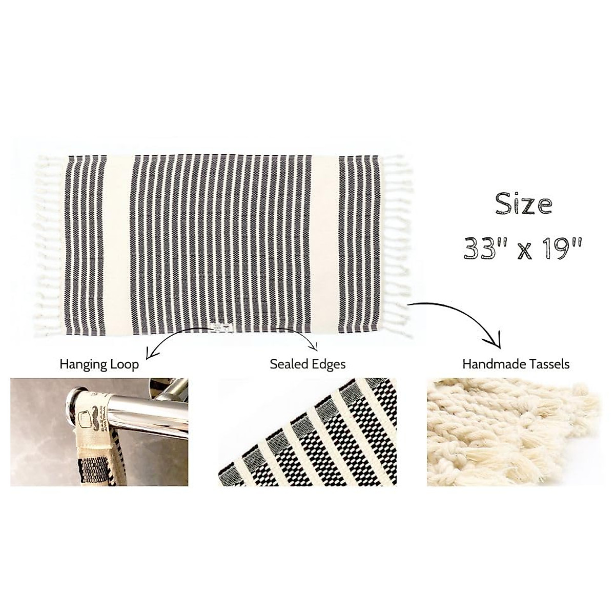 Bazaar Anatolia Turkish Hand Towels for Bathroom Set of 2 | 33"x19", Cotton | Bathroom & Decorative Hand Towels for Kitchen Dishcloth, Tea, Yoga, Face, Gym - Mat Black