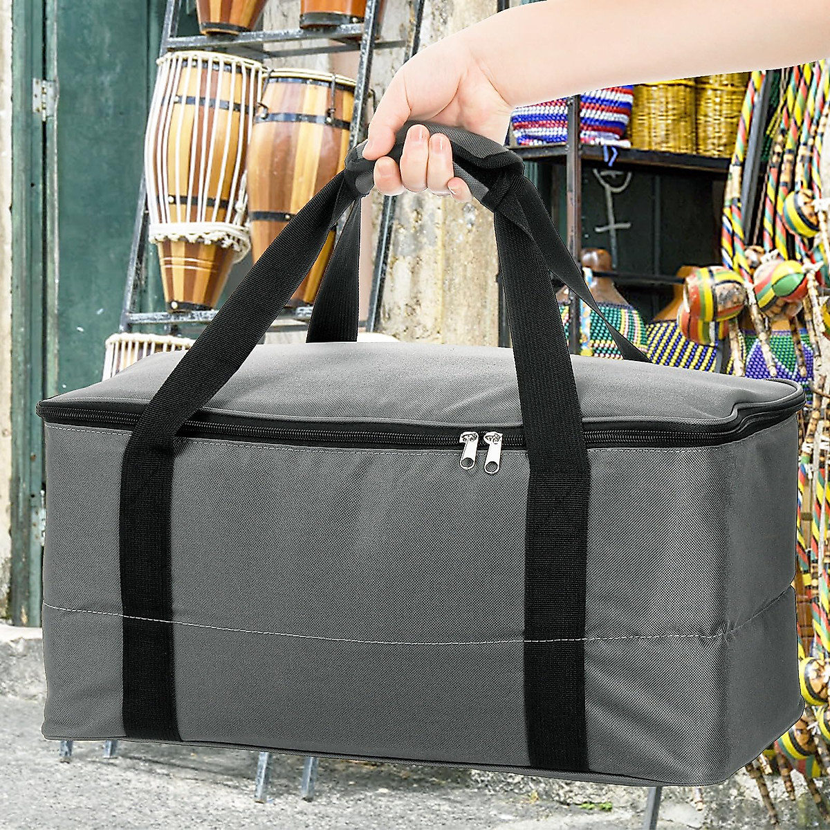 YOUEON Bongo Drum Bag with Carrying Grip, 18 Inch Standard Size Padded Bongo Gig Bag Bass Drum Fabric Bag with Dense Protective Interior Padding, Grey