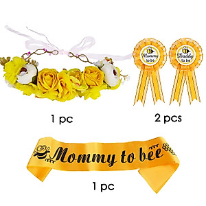 Baby Shower Decoration for Mom To Be and Dad To Be, Yellow Flowers style Tiara + Yellow & Black Sash + Yellow & White "Daddy to be" pin, Maternity Gift for Her and Him