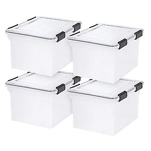 IRIS USA 32 Quart WEATHERPRO Letter Size Portable File Box, Plastic Storage Container with Durable Lid and Seal and Secure Latching Buckles, Weathertight, Clear with Black Buckles, 4 Pack