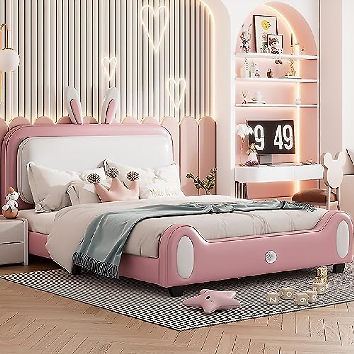 CJLMN Upholstered Rabbit Shaped Princess Bed Pink Platform Bed, Full Size Wood Bed Frame with Bunny Ears Headboard and Bunny Tail Footboard, Kids Bedroom Furniture Fun Cute Rabbit Bed