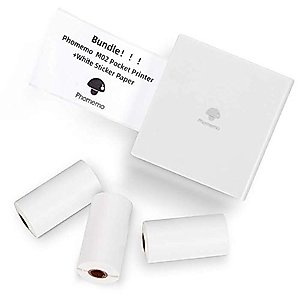 Phomemo M02 Pocket Printer- Mini Bluetooth Thermal Printer with 3 Rolls White Sticker Paper, Compatible with iOS + Android for Learning Assistance, Study Notes, Journal, Fun, Work，White