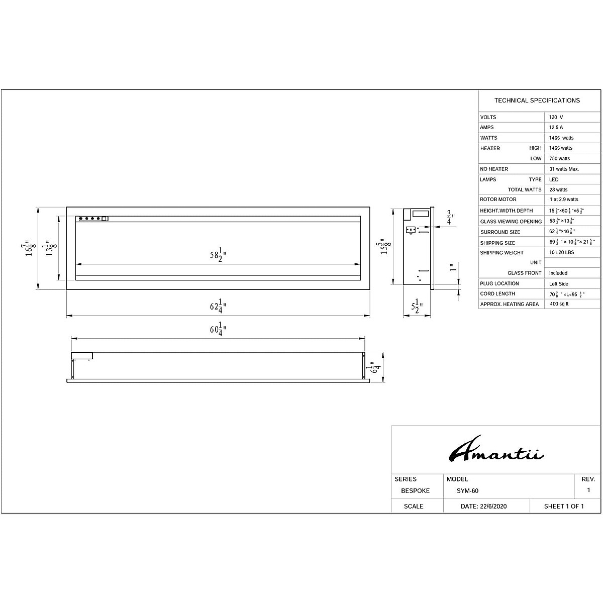 Amantii SYM-60-BESPOKE Symmetry Series Bespoke 60-Inch Built-in Electric Fireplace with Remote, Ice Media, Black Steel Surround