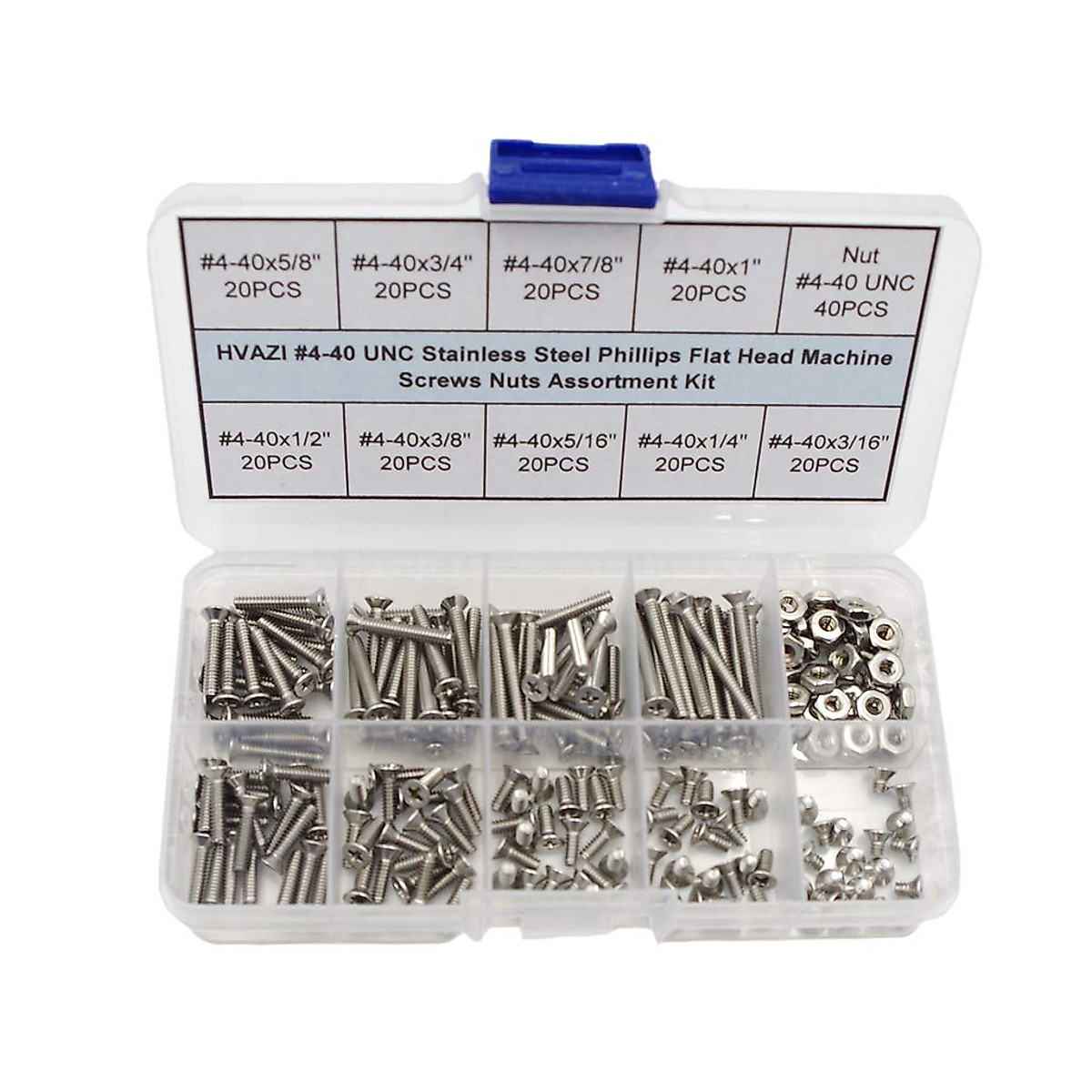 HVAZI #4-40 UNC Stainless Steel Phillips Flat Head Machine Screws Nuts Assortment Kit