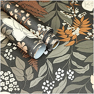 HAOKHOME Peel and Stick Wallpaper Floral Vintage Removable Rose Leaf Black/Brown/Beige Stick on Mural 17.7in x 9.8ft