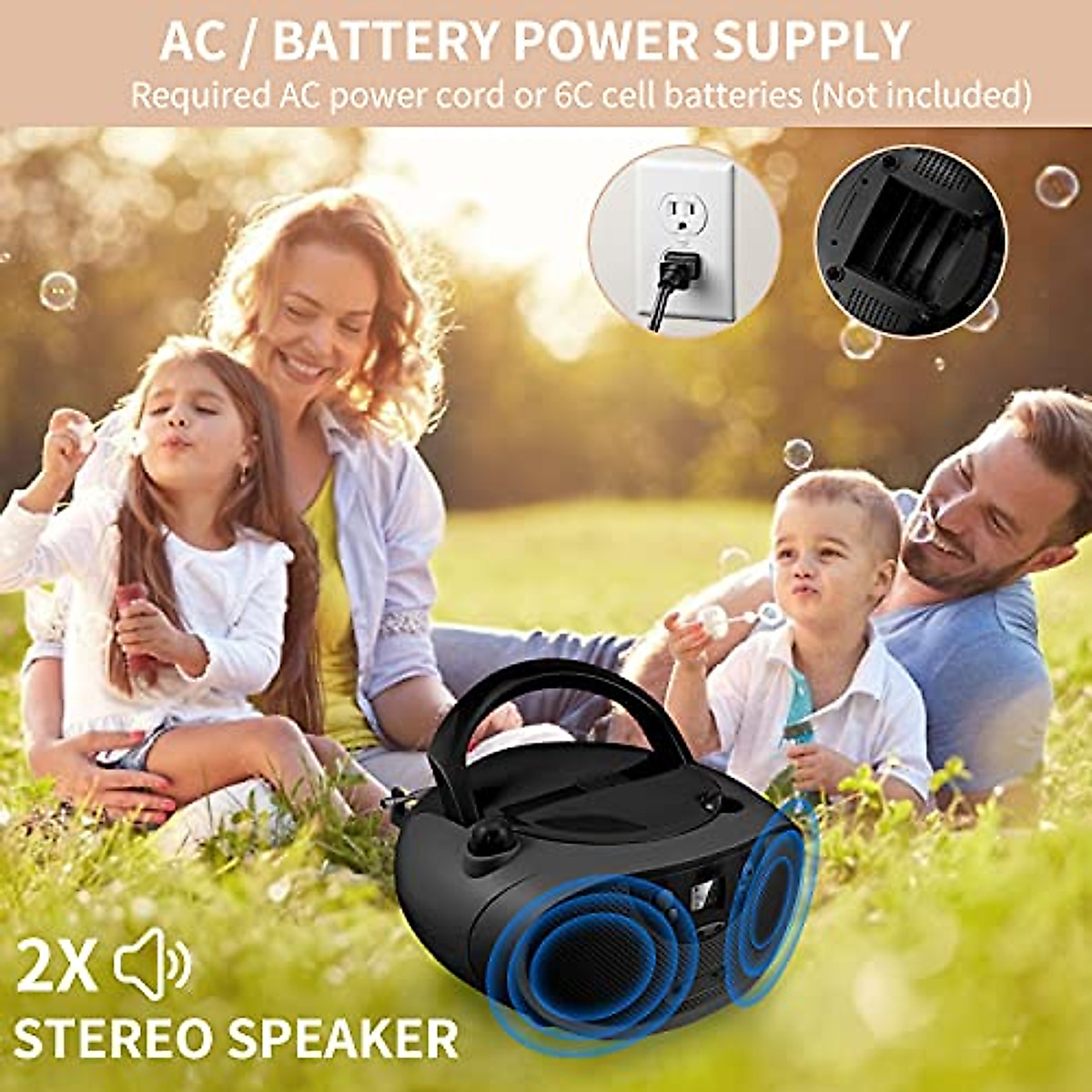 hPlay Gummy GC04 Portable CD Player Boombox with Digital Tunning AM FM Stereo Radio Kids CD Player LCD Display, Front Aux-in Port and Headphone Jack, Supported AC or Battery Powered- Black