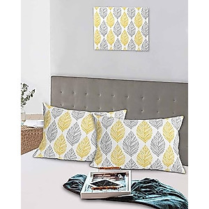 Edwiinsa Yellwo Grey Leaves Pillow Covers Standard Size Set of 2 20x26 Bed Pillow, Summer Tropical Plant Aesthetics Plush Soft Comfort for Hair/Skin Cooling Pillowcases with Envelop Closure