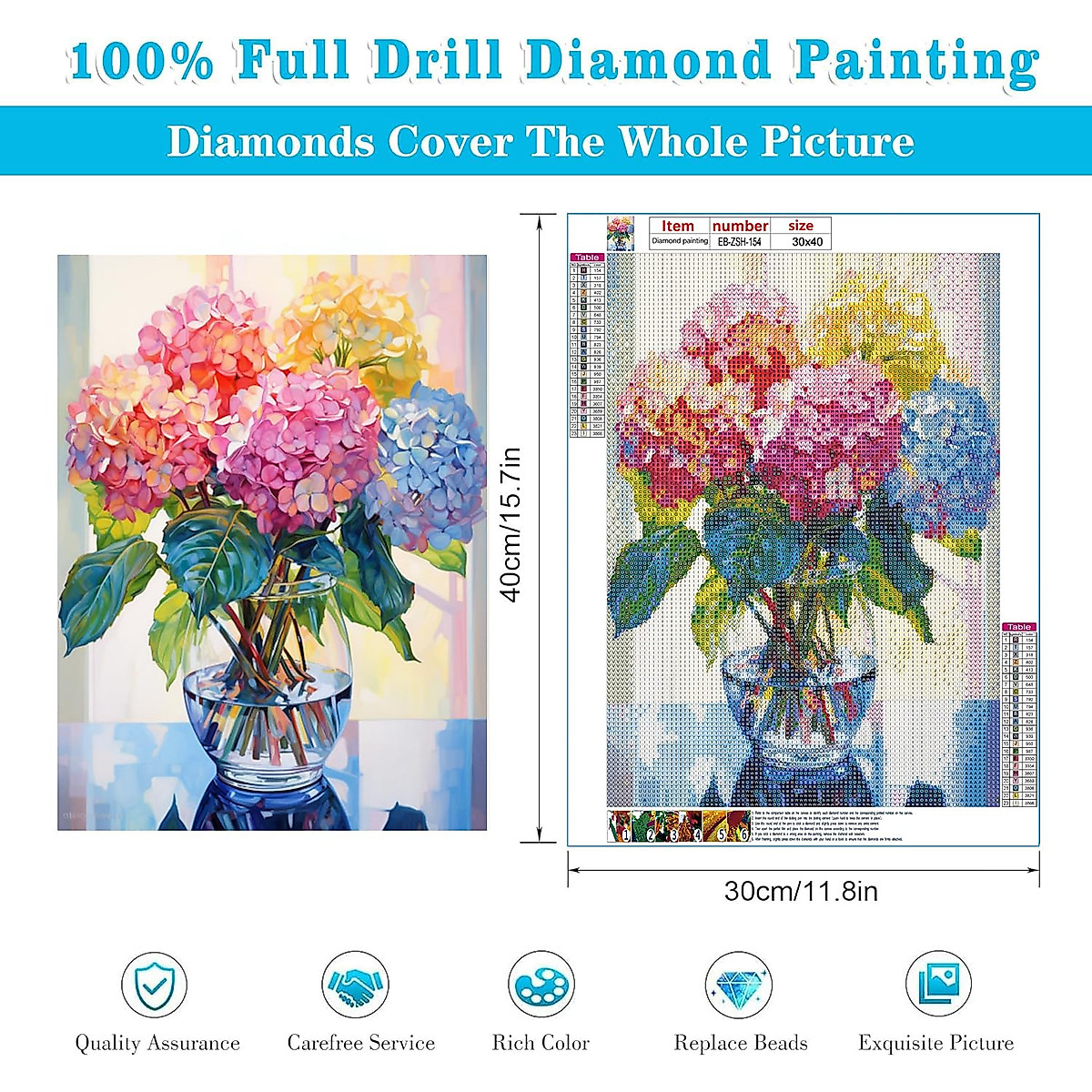 EIBEILI Diamond Painting Kits for Adults, Hydrangea in Glass 5D Diamond Art Kits for Beginner DIY Full Drill Diamond Dots Crystal Craft Kits for Home Wall Decor Gifts 11.8x15.7 inch
