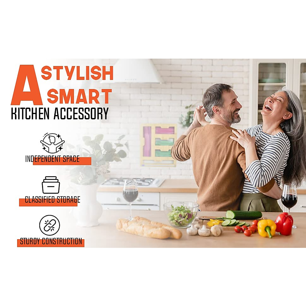 DESIGN INN 5 in 1 Bamboo Ziplock Bag Organizer for Drawer with Cling Wrap Dispenser and Cutter - Suitable for Gallon, Quart, Sandwich & Snack Variety Size Bags