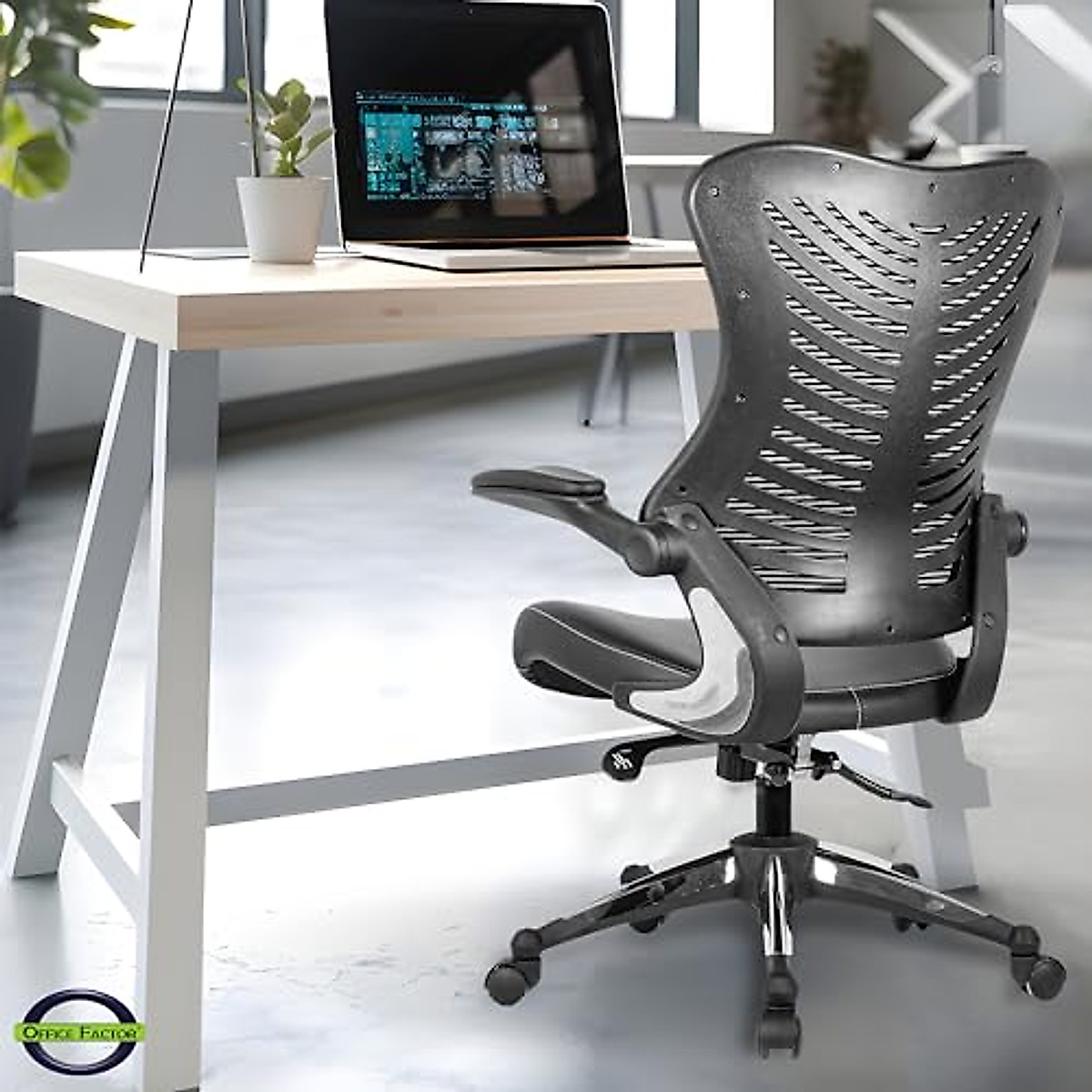 Officefactor Ergonomic Breathable Mesh Chair with Flip-up Armrests, Lumbar Support Executive Rolling Swivel Task Computer Office Chair or Home Desk Chair (Black MESH)