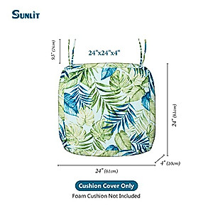 Sunlit Outdoor Cushion Covers, Replacement Cover Only, 4 Pack Waterproof Patio Chair Seat Slipcovers with Zipper and Tie, 24" x 24" x 4", Tropical Leaf, Green