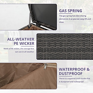 IULULU 120 Gallon Waterproof Wicker Deck Box with Aluminum Frame and Hinged Lid, All-Weather Outdoor Storage Container for Patio Furniture Cushions, Garden Tools and Pool Toys, Grey