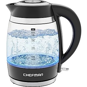 Chefman Electric Kettle, 1.8L 1500W, Hot Water Boiler, Removable Lid for Easy Cleaning, Auto Shut Off, Boil-Dry Protection, Stainless Steel Filter, BPA Free, Borosilicate Glass Electric Tea Kettle