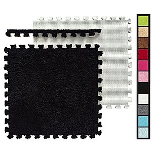 12 Pcs Shaggy Interlocking Foam Carpet Tiles - 12" x 12", 12 Sq,Ft Kids Carpet Squares Protective Floor Mats Crawling Exercise Area Rugs for Children Room, Home or Classroom Use, Black