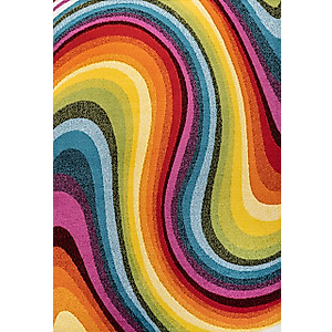 JONATHAN Y DZC100A-5 Flow Abstract Swirl Indoor Area Rug, Kids & Novelty, Modern, Coastal, Bedroom, Kitchen, Living Room, Easy-Cleaning, Non-Shedding, 5 X 8, Red/Yellow/Blue