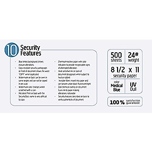 SecurityDocs ULTRA Security Paper - 10 Security Features, Suitable for Prescriptions Pads and All Business Needs, tamper-resistant, COPY Pantograph, 8.5 x 11-24 LB, Medical Blue, 500 Sheets (59219)