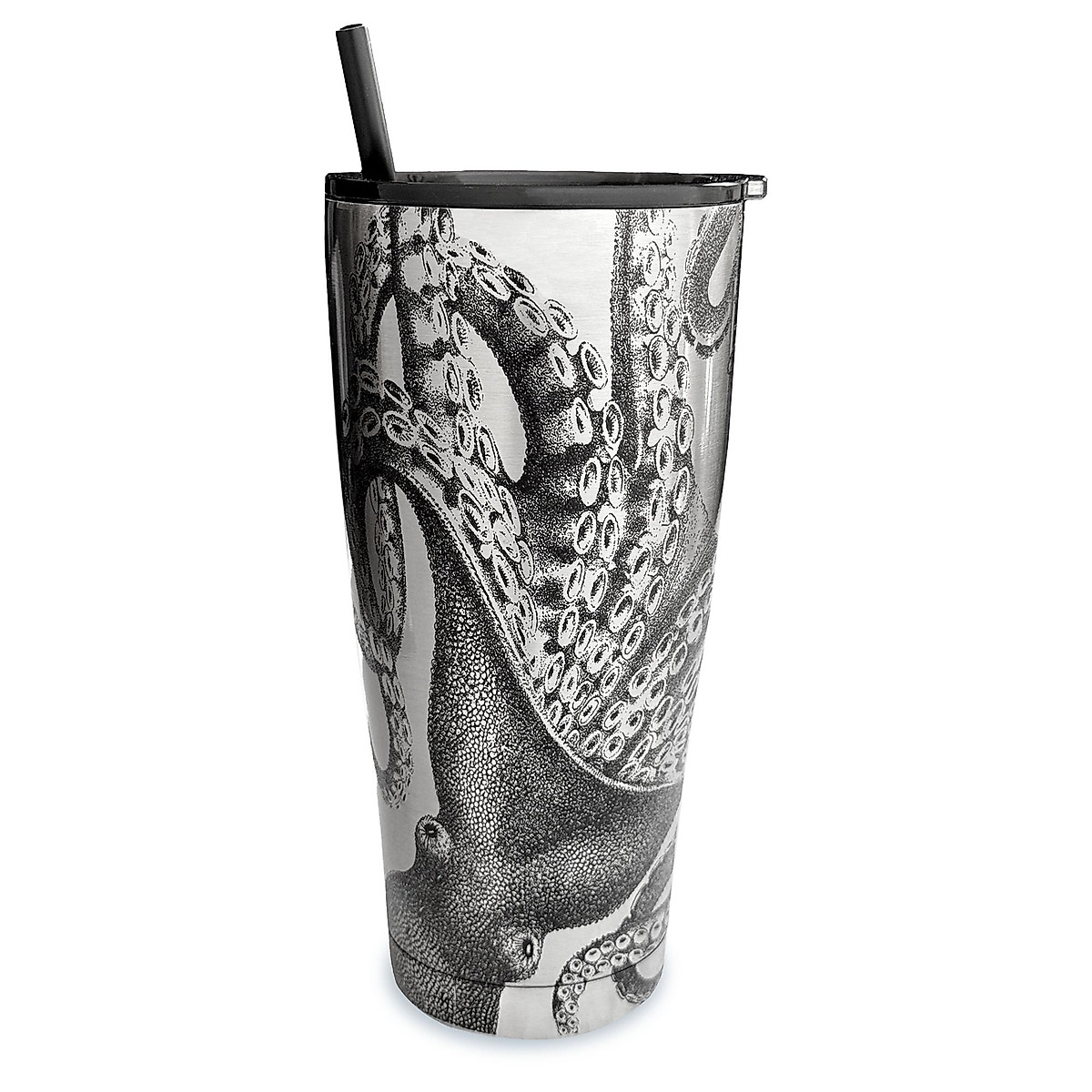 Caskata Lucy the Octopus Stainless Steel Insulated Tumbler | Cup, Lid & Straw Set for Travel, Commuting, & School | Perfect for Birthday, Christmas & Holiday Gifts | Black on Chrome Color | 30 oz