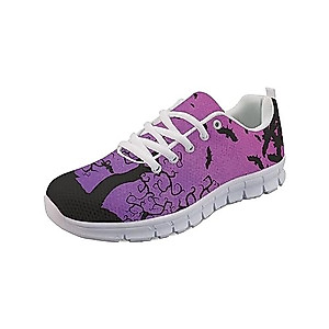 Coloranimal Halloween Sneakers for Womens Black and Purple Bats Halloween Shoes Lightweight Workout Slip On Footwear Air Cushion Walking Running Shoes