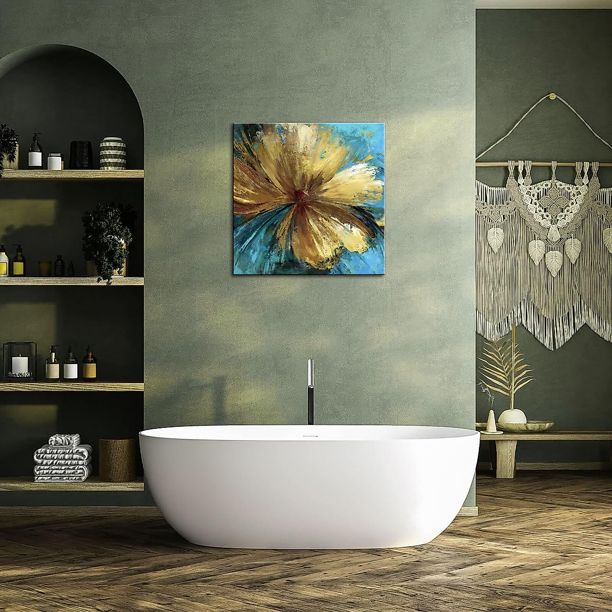 Biuteawal - Modern Canvas Flower Wall Art Abstract Gold Floral Blue Background Paintings on Canvas Still Life Artwork for Home Kitchen Living Room Bedroom Decorations Wall Decor