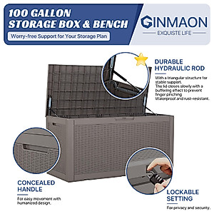 GINMAON Large Resin Deck Box 100 Gallon, Outdoor Storage Box Waterproof with Lockable Lid, Outdoor Storage Bench UV Resistant for Outdoor Cushion & Patio Furniture/Garden Tools/Pool Supplies, Tan