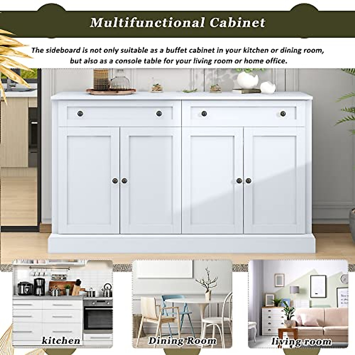 GODAFA Cabinet Multi-Functional Kitchen Sideboard-4 Drawers, Mesh Metal Doors, Adjustable Shelves, Wineglass Holders, Large, White